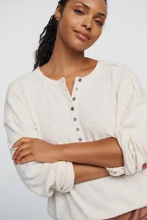 PILCRO 100% Cotton Slub Henley Top - Ivory