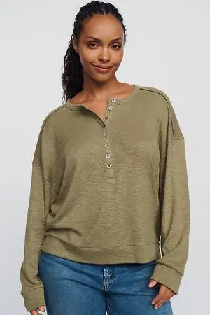 PILCRO 100% Cotton Slub Henley Top - Olive