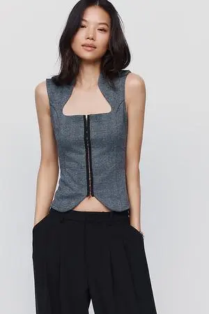 Anthropologie U-neck Zip-front Vest Top - Grey Pattern