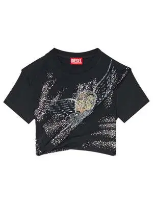 DIESEL® Rhinestone-embellished World Tour Graphic Twisted & Gathered T-shirt - Nero
