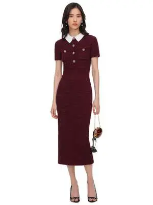 SELF-PORTRAIT Burgundy Contrast-collar Mini Dress With Snap Front And Statement Button - Rosso