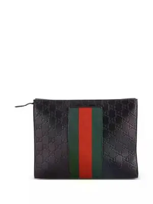 Gucci Web Zip Pouch Guccissima Leather Clutch Bag - Black