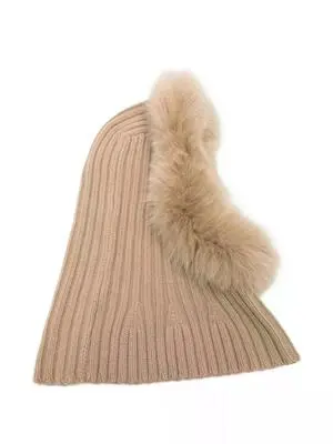 YVES SALOMON Fur-trim Ribbed Balaclava - Neutrals