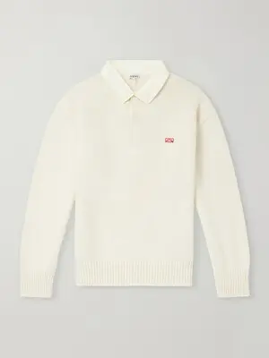 Loewe Anagram-embroidered Cotton Twill-trimmed Wool-blend Polo Sweater - Neutrals