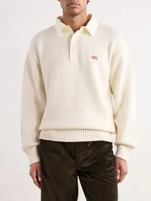 Loewe Anagram-embroidered Cotton Twill-trimmed Wool-blend Polo Sweater - Neutrals