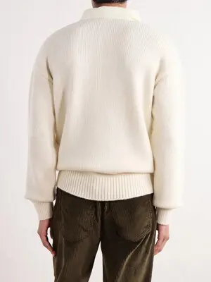 Loewe Anagram-embroidered Cotton Twill-trimmed Wool-blend Polo Sweater - Neutrals