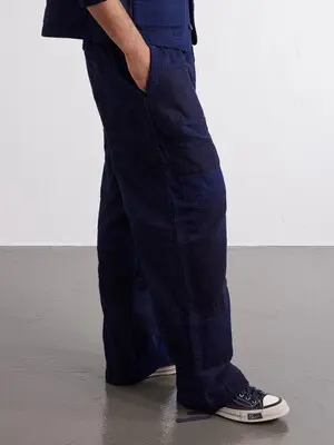 Blue Blue Japan Nenrin Wide-leg Drawstring Patchwork Cotton-sashiko Trousers