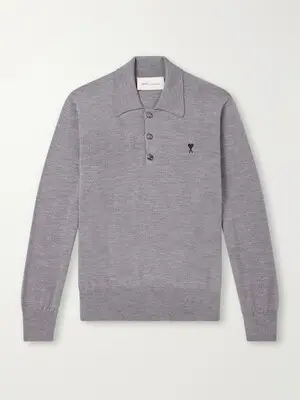 AMI Paris Logo-embroidered Merino Wool Polo Shirt - Gray