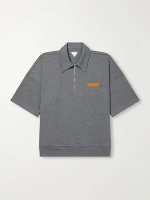 Bottega Veneta Intrecciato Leather-trimmed Cotton-jersey Polo Shirt - Gray