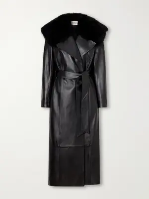 Tove Rosa Belted Paneled Shearling-trimmed Leather Wrap Coat - Black