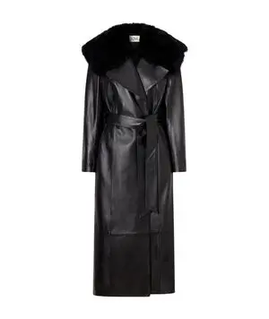Tove Rosa Belted Paneled Shearling-trimmed Leather Wrap Coat - Black