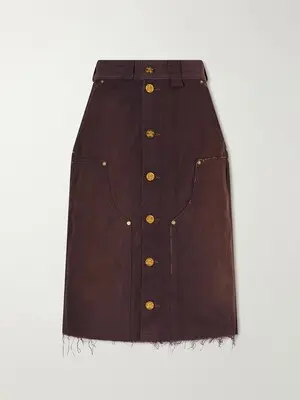WILLY CHAVARRIA Workwear Faded Frayed Cotton Duck-canvas Knee-lenght Skirt - Brown