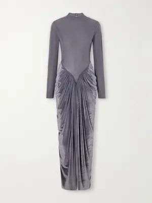 MAYGEL CORONEL Guernica Draped Mesh And Velvet Midi Dress - Gray