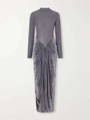 MAYGEL CORONEL Guernica Draped Mesh And Velvet Midi Dress - Stone
