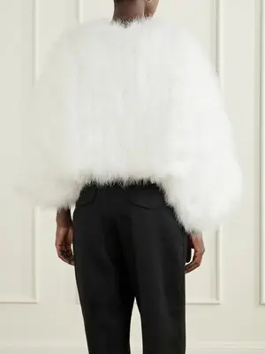 YVES SALOMON Cropped Feather-trimmed Satin Cape
