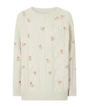 Magda Butrym Floral-print Cable-knit Wool And Cashmere-blend Sweater - White