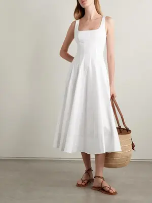 Staud Wells Pleated Cotton-blend Poplin Midi Dress