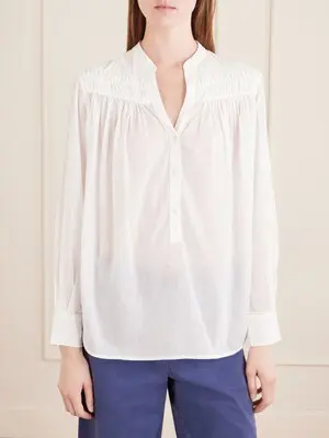 NILI LOTAN Embroidered Gathered Cotton-voile Blouse