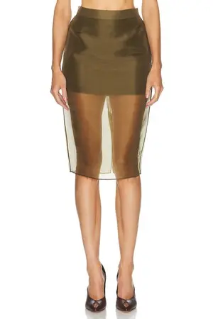 SEROYA Elda Silk Midi Skirt In Army - Olivewood