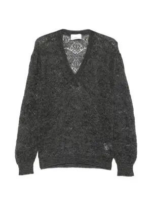 SOLOTRE Lace-knit V-neck Sweater - Grey