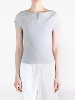 Free People Morning Pages Button-placket Cap-sleeve T-shirt - Grey