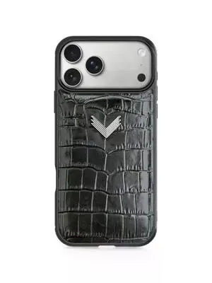 VELANTE Croc-embossed Leather Phone Case - Black
