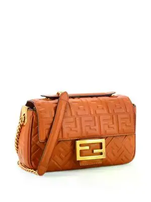 Fendi Midi Baguette Chain Bag Zucca Embossed Leather Small Shoulder Bag - Brown