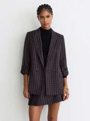 REISS Nolah Petite Wool Check Relaxed Double-breasted Blazer - Grape Check