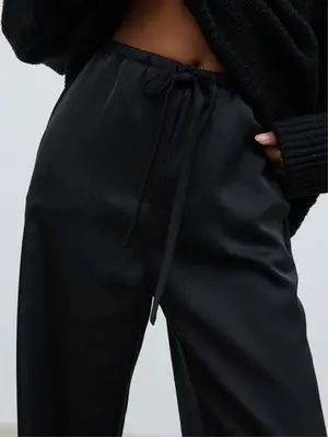 PRETTY LAVISH Breya Satin Drawstring Wide Leg Trouser - Black