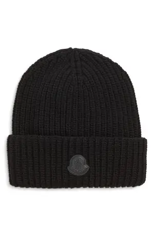 Moncler Logo Patch Virgin Wool & Cashmere Beanie - Black
