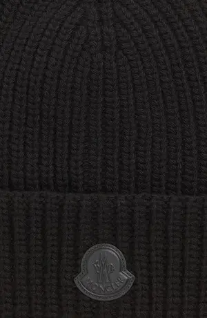 Moncler Logo Patch Virgin Wool & Cashmere Beanie - Black