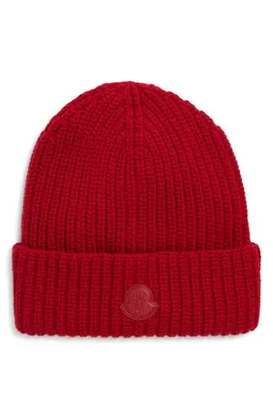 Moncler Logo Patch Virgin Wool & Cashmere Beanie Red
