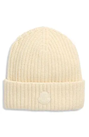 Moncler Logo Patch Virgin Wool & Cashmere Beanie - White