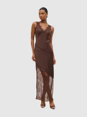 PRETTY LAVISH Curve Robin Slip Lace Maxi Dress - Chocolate