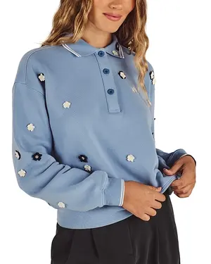 MALBON Naomi Blossom Cotton Polo Neck Sweatshirt - Blue Shadow