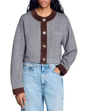 Sandro Parker Suede Trim Cardigan Sweater - Grey