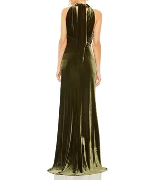 Mac Duggal Halter Tie Front Slit Velvet Column Gown