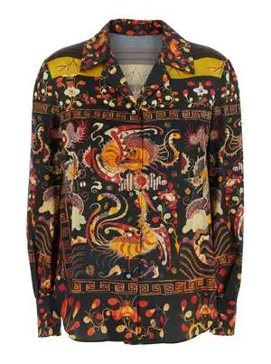 HUI Multicolored Dragon & Phoenix Silk-blend Cardigan Pajama Top For - Multicolor