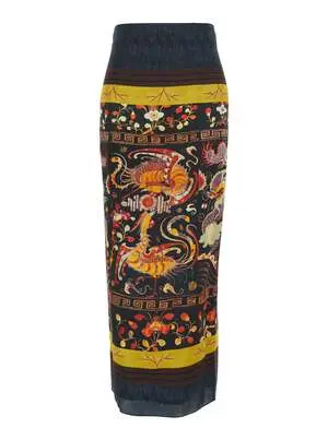 HUI Dragon And Phoenix Print Long Midi Skirt
