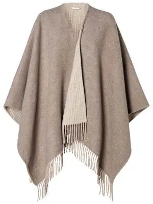 Fendi Large Double-sided Wool Cashmere Poncho With Ff Zucca Jacquard Lining & Fringe Hem