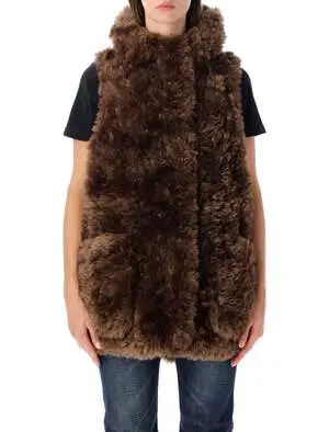 URBANCODE Faux Fur Hooded Longline Vest - Marrone