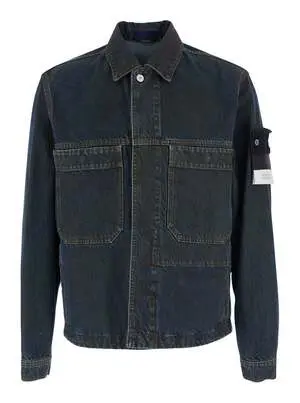 Stone Island Denim Biker Jacket With Mandarin Collar, Tech Fabric, Regular Fit