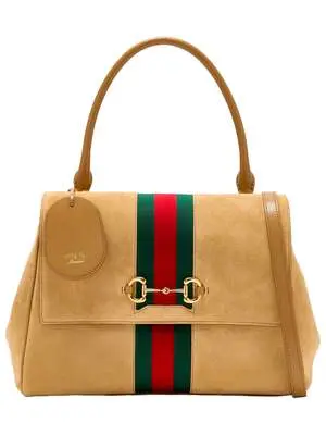 Gucci 24 Cm Mini Suede Crossbody Bag With Web Detail, Horsebit Lining & Leather Strap