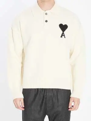AMI Paris Polo Sweater With Contrasted Mini Heart Logo - Fwhitblack
