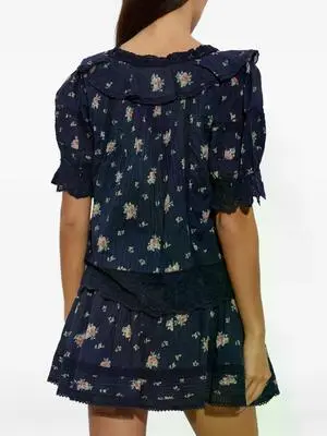LoveShackFancy Romilly Floral-print Ruffled Blouse - Blue