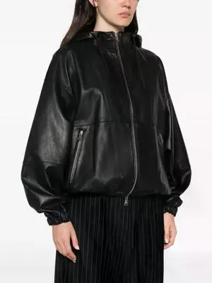 TELA Hooded Leather Jacket - Black