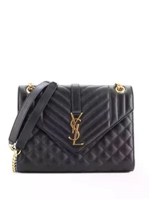 Saint Laurent Classic Monogram Envelope Satchel Mixed Matelasse Leather Medium Shoulder Bag - Black