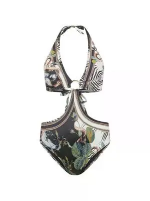 Roberto Cavalli Floral-print Cutout Swimsuit - Black