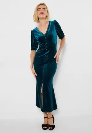 JOE BROWNS Stretch Velvet Fluted Midi Dress - Teal