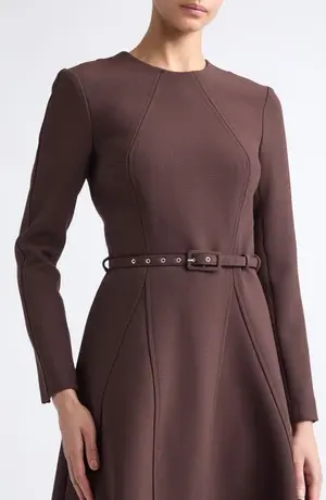 EMILIA WICKSTEAD Olivienne Long Sleeve Stretch Bird's Eye Midi Dress - Chocolate